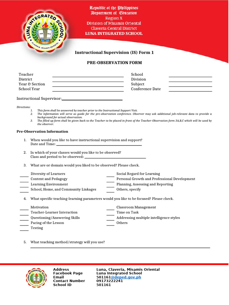 Instructional Supervision Pre/Post Forms | PDF | Teachers | Learning