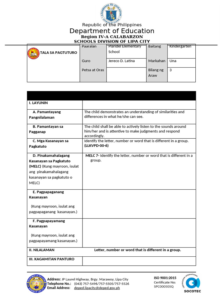 Week 4 Lesson Exemplar Kindergarten Melc 7 | PDF