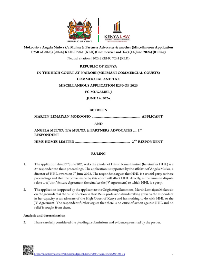 Mokoosio v Mulwa: Joinder Ruling 2024 | PDF | Advocate | Justice