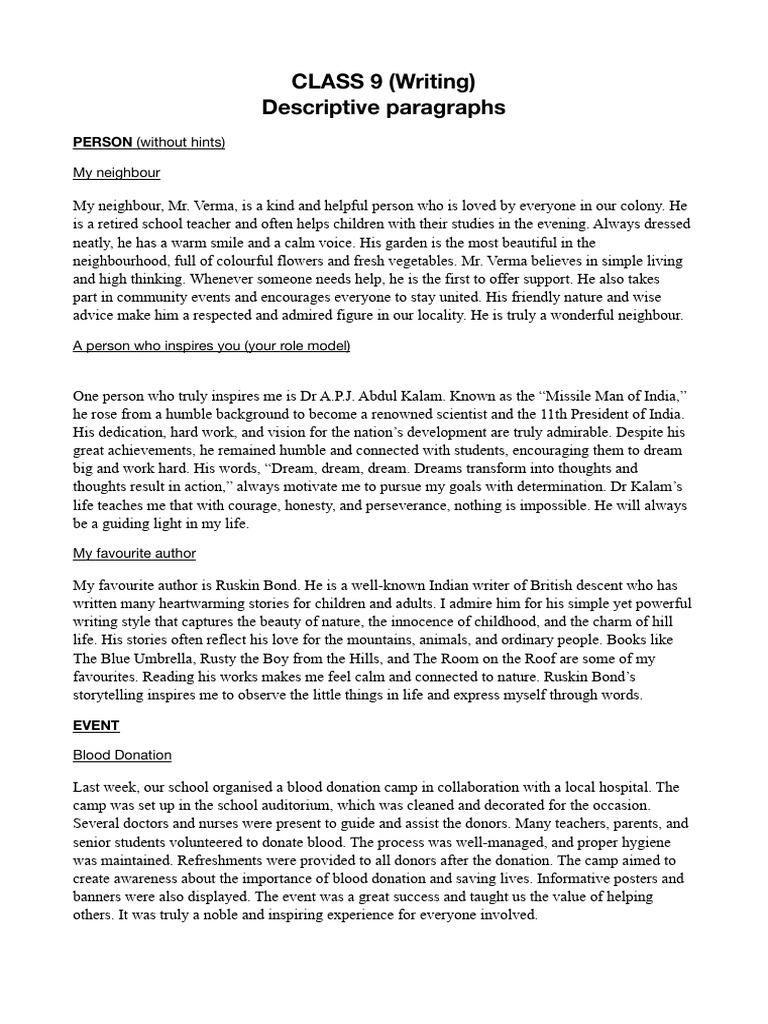 Descriptive Paragraphs for Class 9 | PDF