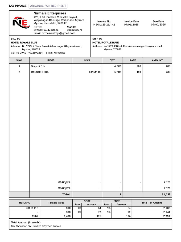 Ne SL 25-26-142-Sales Invoice-Hotel Royale Blue | PDF | Economy Of ...