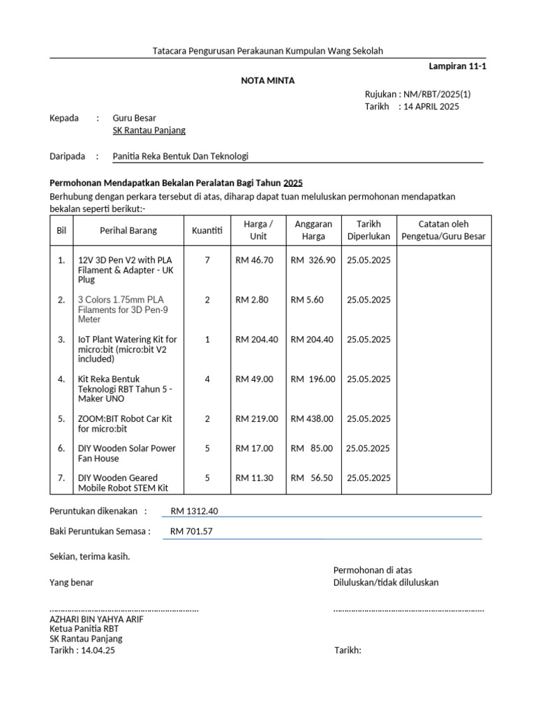 Nota Minta 3 Panitia RBT 2024 | PDF