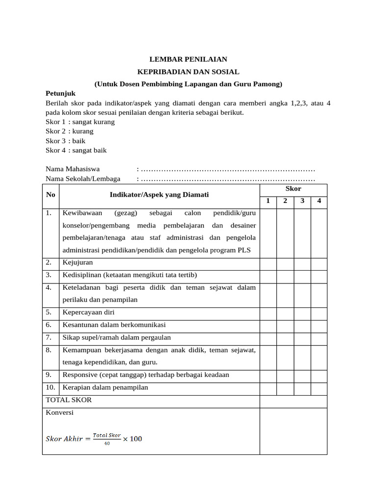 Penilaian PLP Mahasiswa Olahraga Untuk DPL | PDF