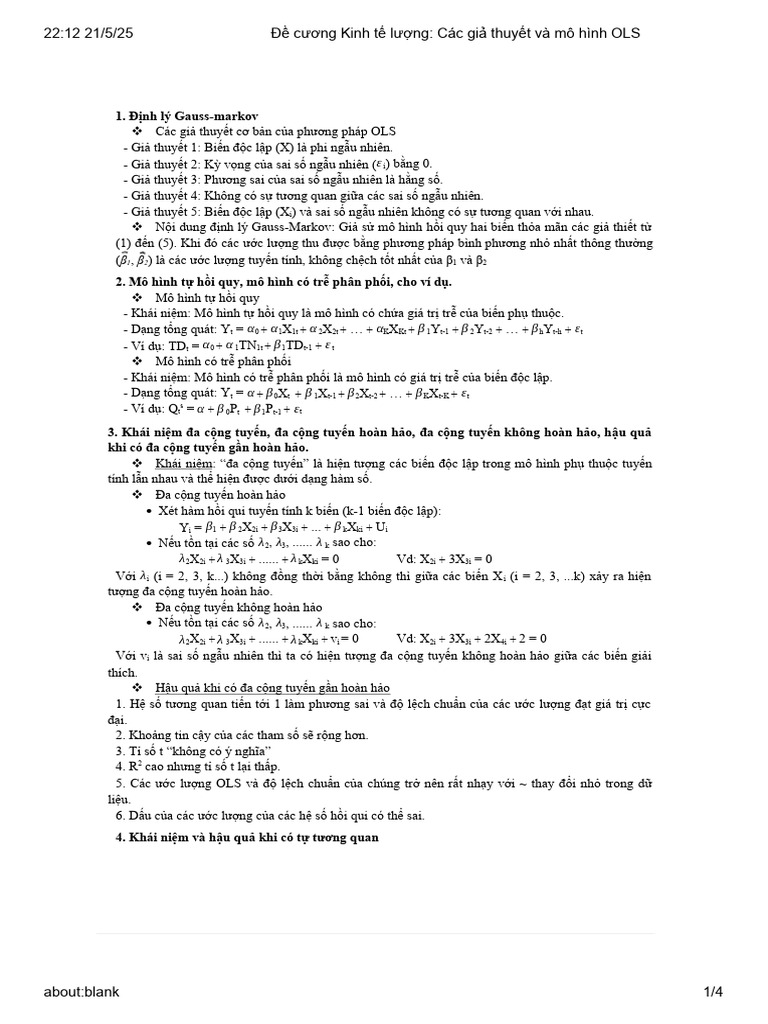 Đề cương Kinh tế lượng - Các giả thuyết và mô hình OLS | PDF
