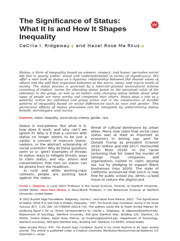 Ridgeway CeCilia L. and Hazel Rose MaRkus. 2022. The Significance of ...