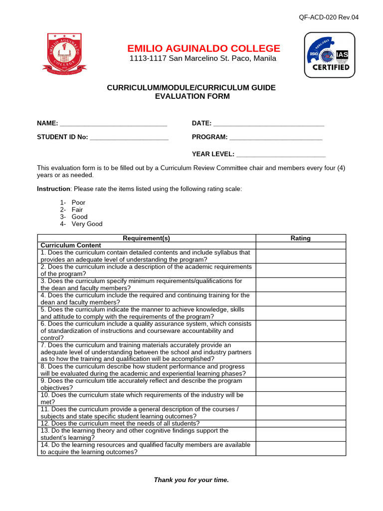 QF ACD 020 Rev.04 Curriculum Evaluation Form | PDF | Curriculum | Learning