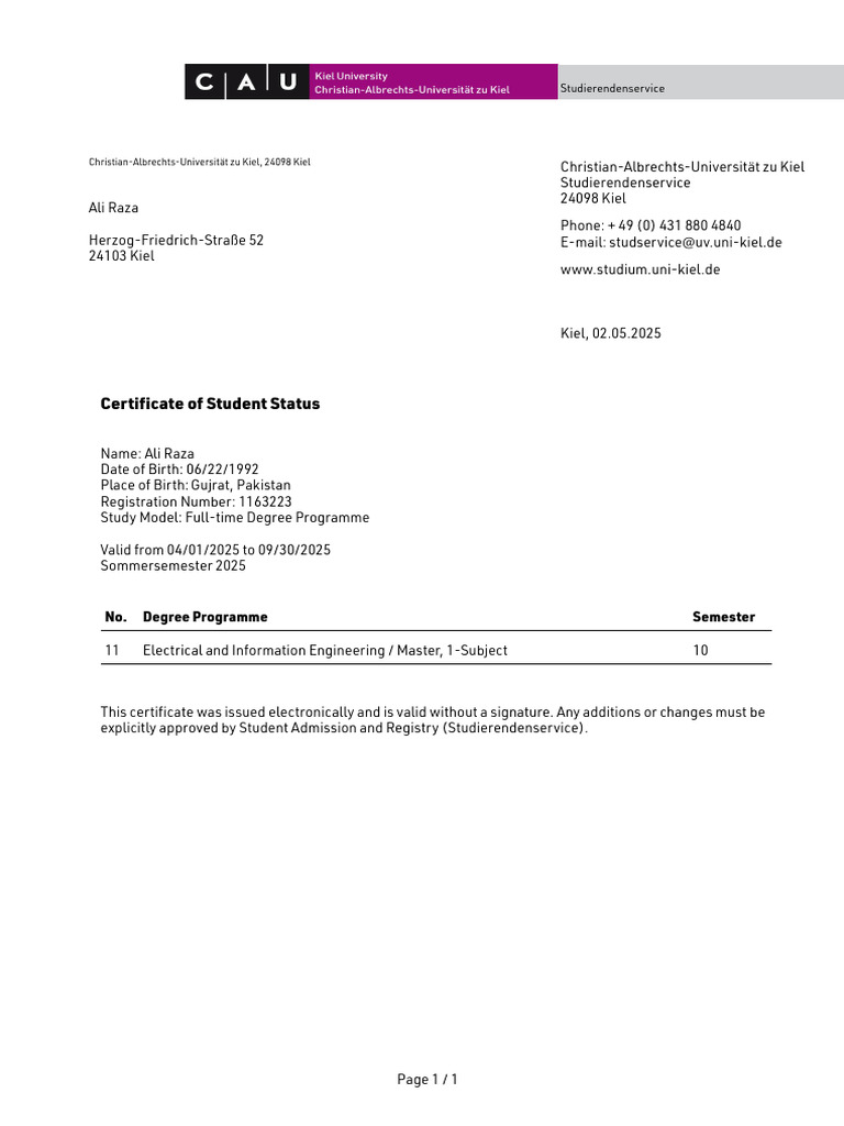 2025-05-02 Certificate of Student Status | PDF