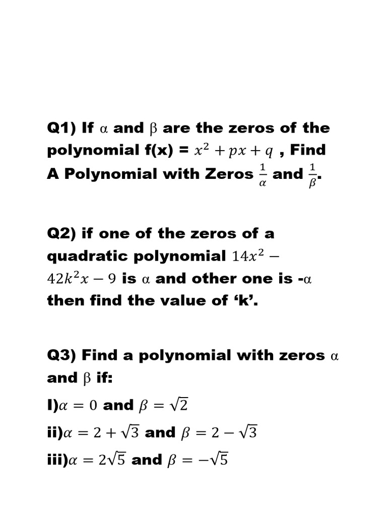 CBSE Mathematics Polynomial Worksheet Chapter 2 Class X | PDF | Polynomial | Zero Of A Function