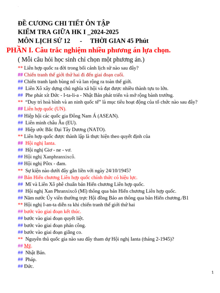 De Cuong Chi Tiet On - Kiem Tra Giua HK I - Su 12-24-25 | PDF