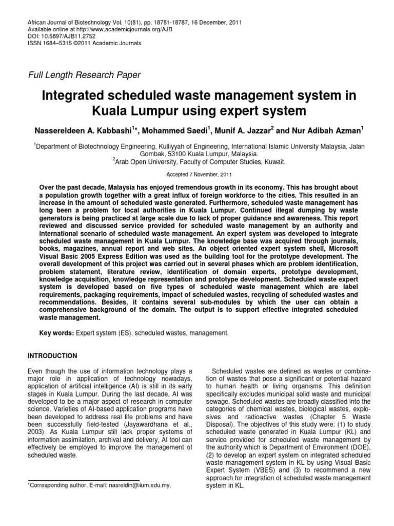 Integrated Scheduled Waste Management System in Kuala Lumpur | PDF ...