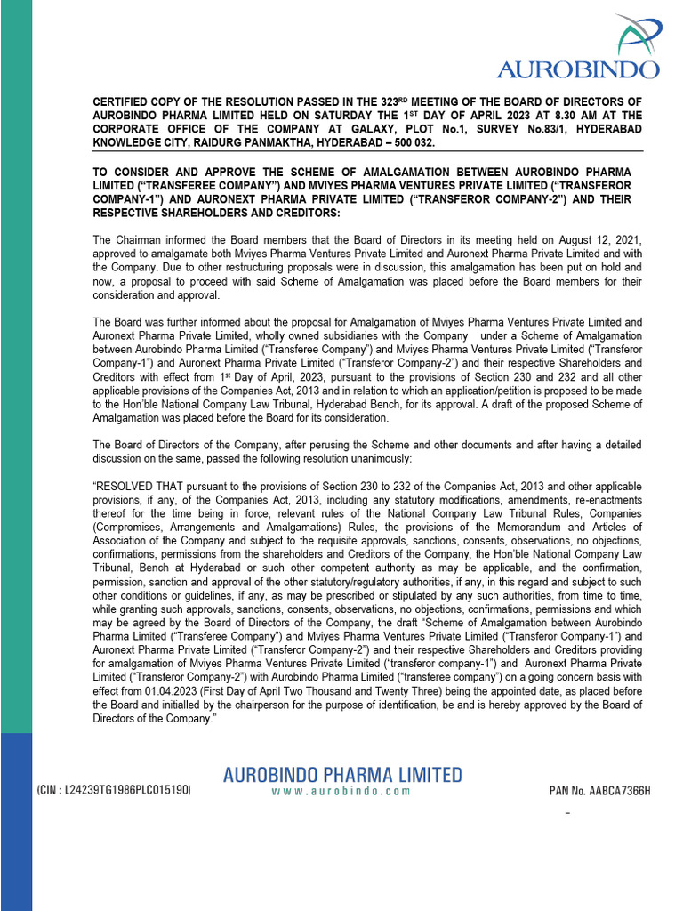 Aurobindo Pharma Amalgamation Resolution | PDF | Affidavit | Board Of ...