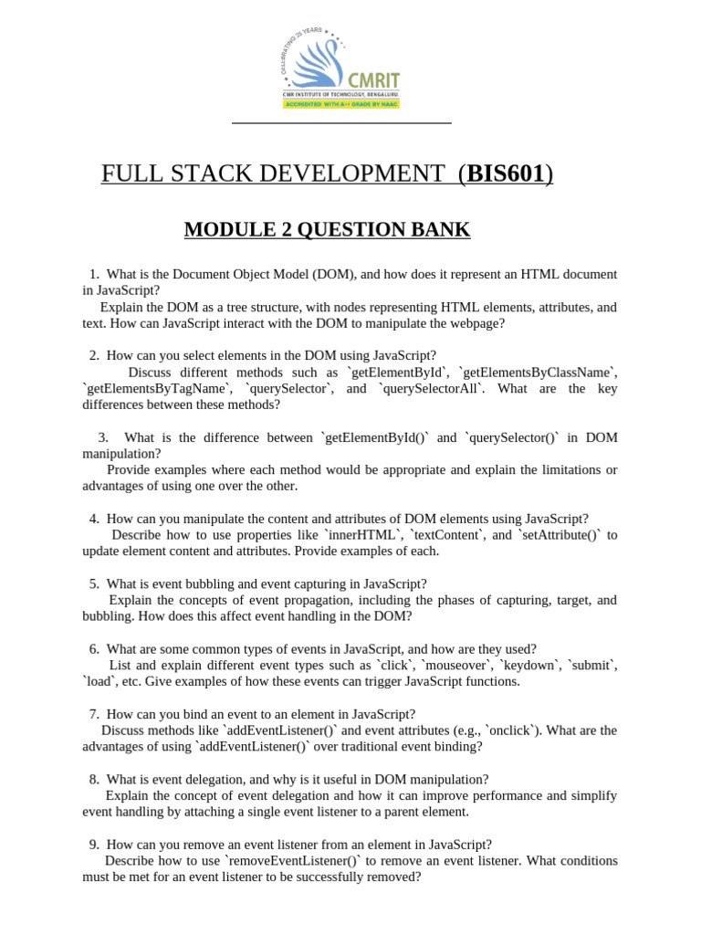 FSD Module 2 Question Bank | PDF | Document Object Model | Java Script