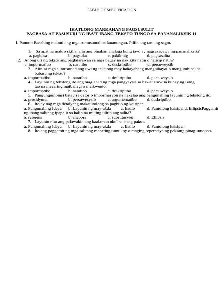 3rd Periodical Test-Pagbasa-At-Pagsusuri | PDF