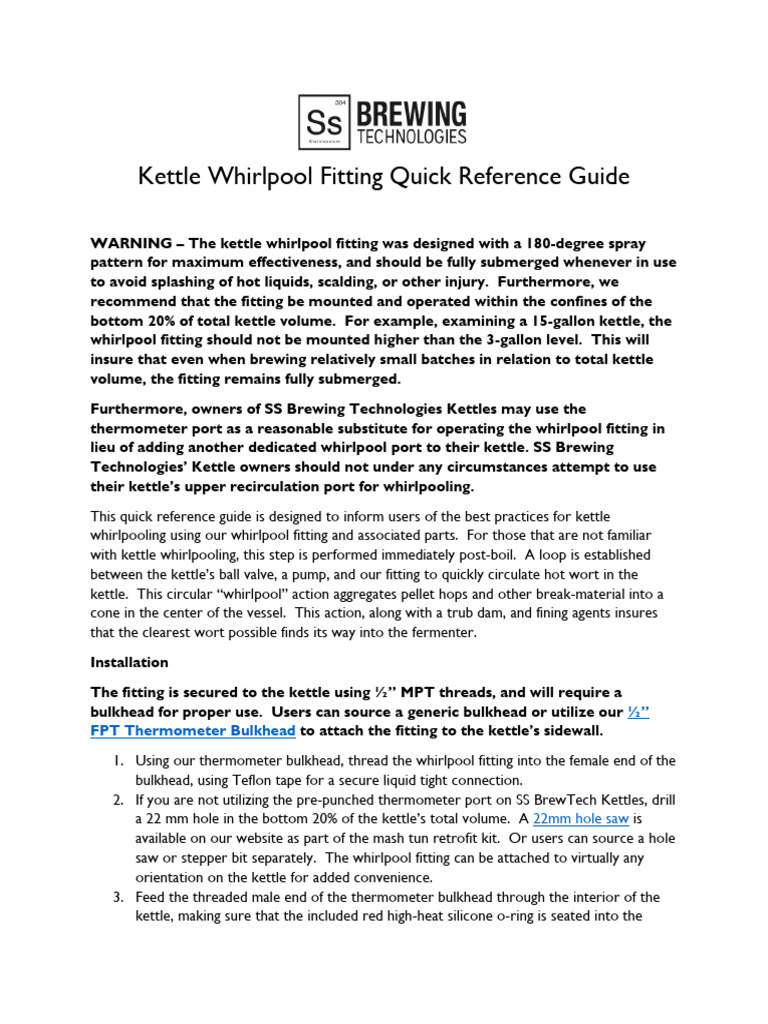 Kettle Whirlpool Fitting Quick Reference Guide | PDF | Brewing