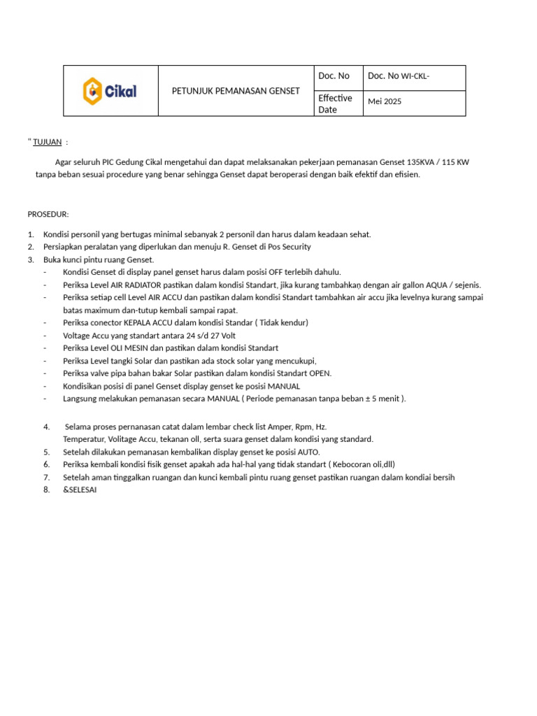 Petunjuk Pemanasan Genset | PDF