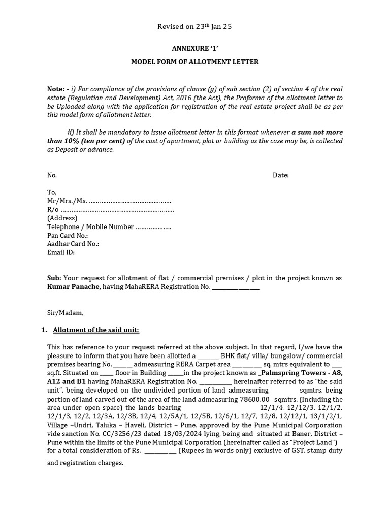 1 Proforma of Allotment Letter | PDF | Interest | Sanitary Sewer