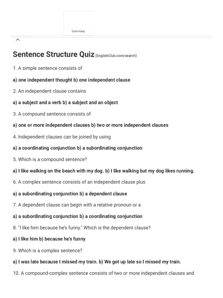 Sentence Structure Quiz Overview | PDF