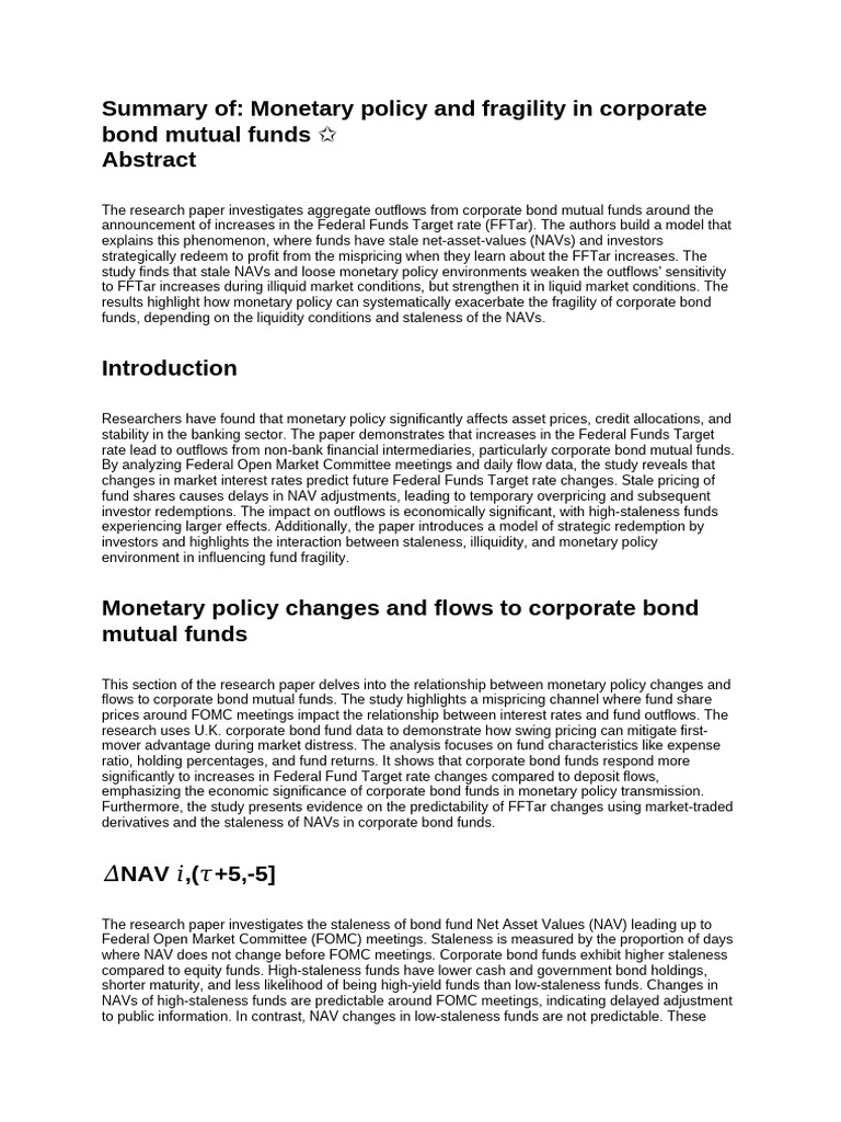 Summary of Monetary Policy and Fragility in Corporate Bond Mutual Funds ...