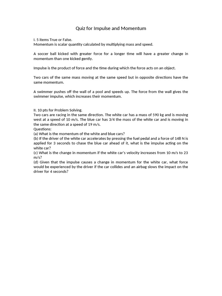 Quiz For Impulse and Momentum | PDF