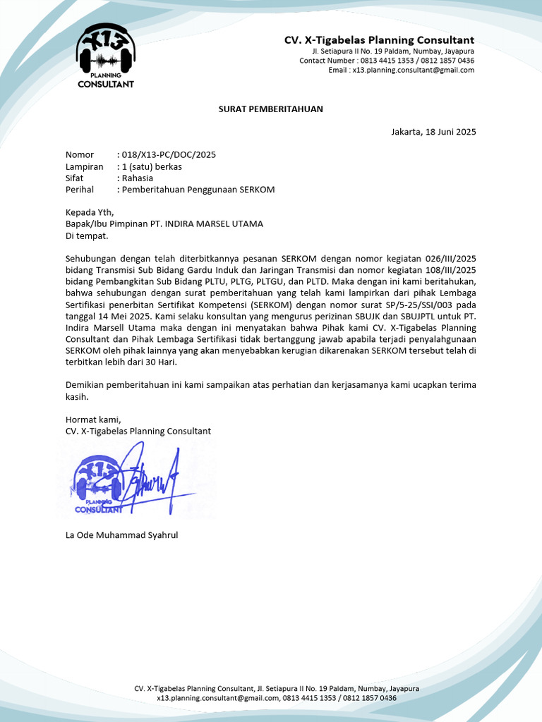 Pemberitahuan Penggunaan SERKOM 2025 | PDF