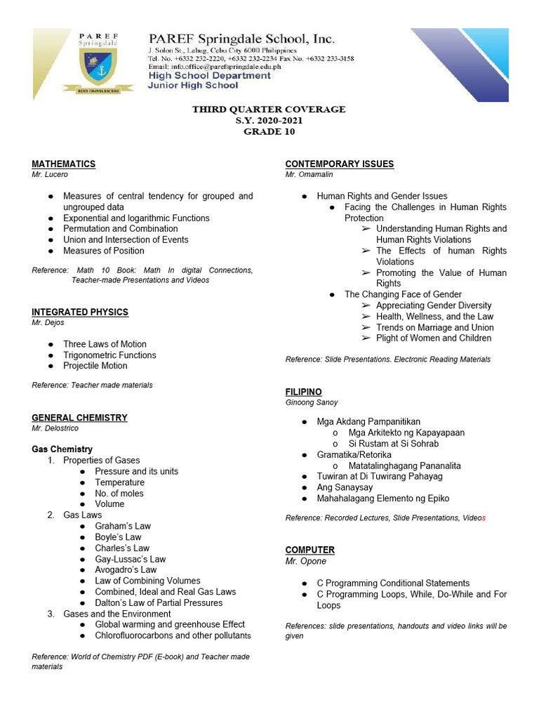 Grade 10 Third Quarter Curriculum Overview | PDF | Gases | Statistical ...