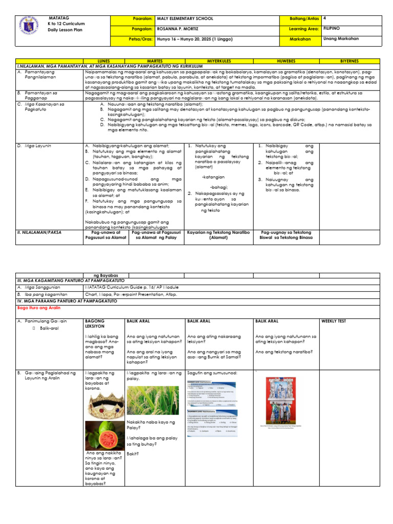 Matatag DLL Week 1 Filipino g4 | PDF