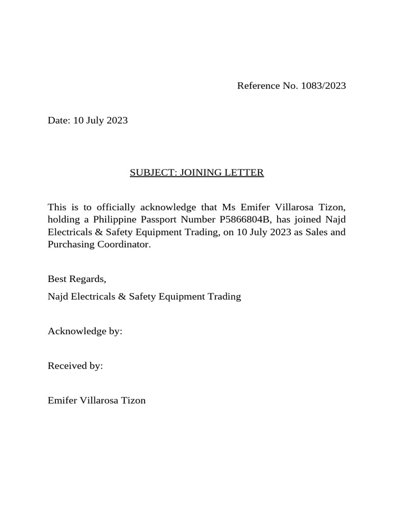 Joining Letter - 2023 | PDF