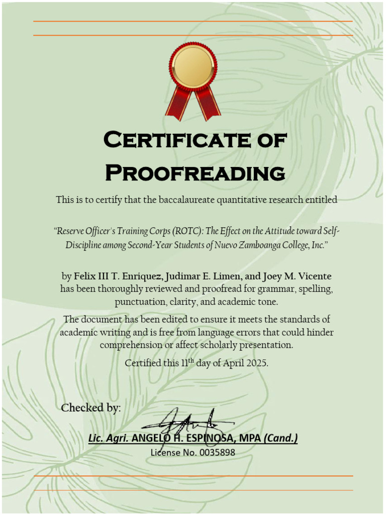 Proofreading & Plagiarism Certificate for ROTC Research | PDF