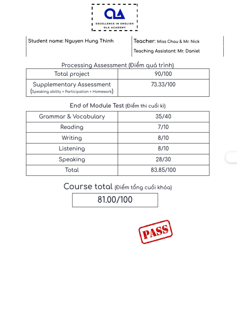 Report Card - S4a - Thinh | PDF