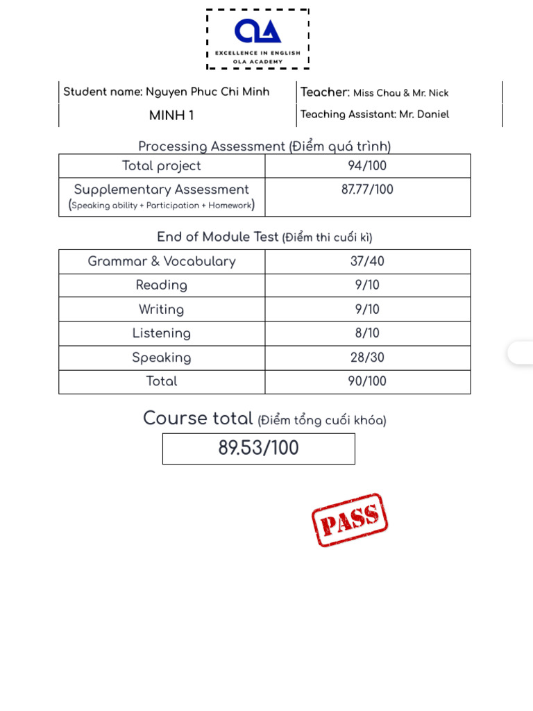 Report Card - S4a - Minh 1 | PDF