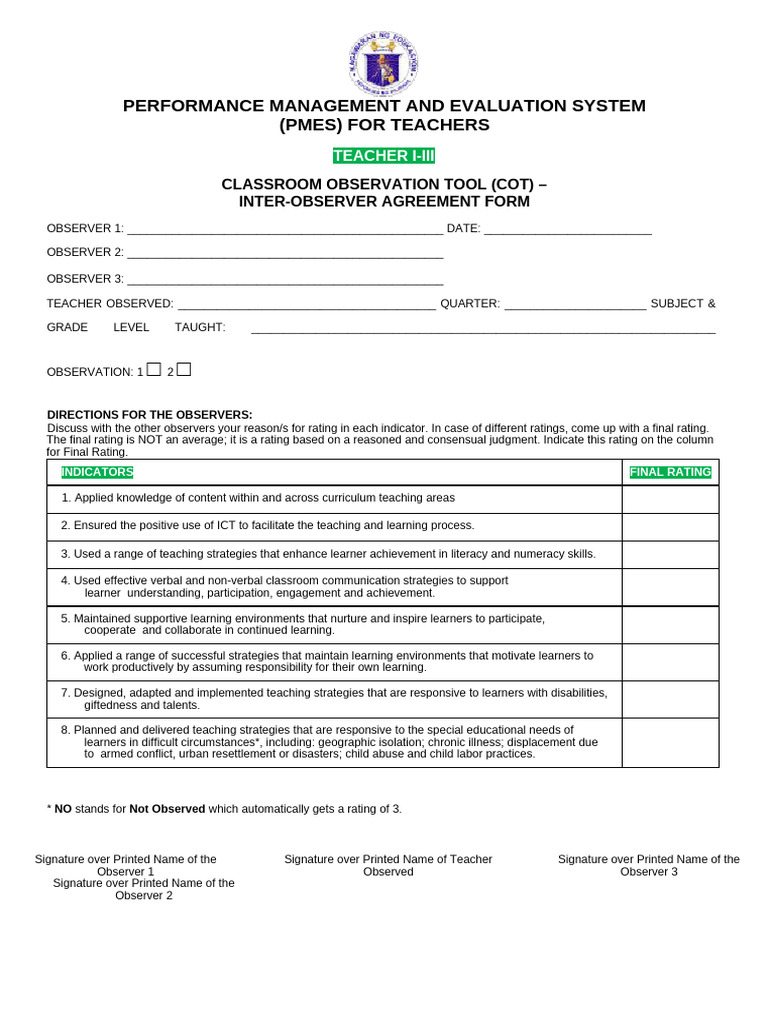 Annex C-4 - COT Inter-Observer Agreement Form For Proficient Teacher ...