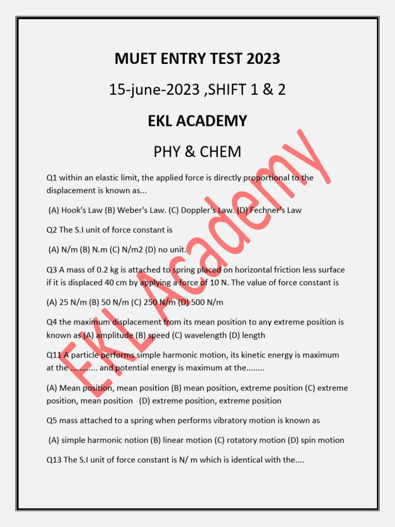 MUET ENTRY TEST 2023 PAST PAPER 15 June | PDF | Force | Applied And ...