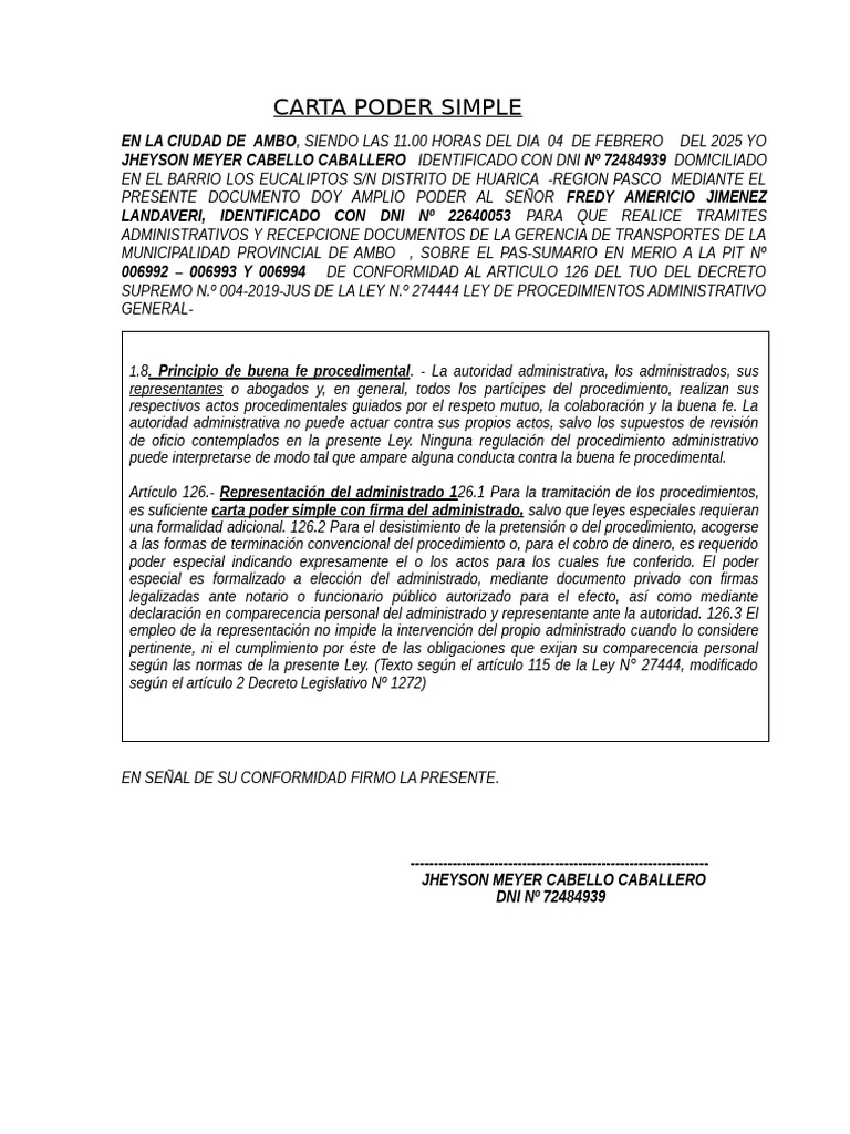Carta Poder Simple Jheyson Cabello Caballero | PDF | Justicia | Crimen y violencia
