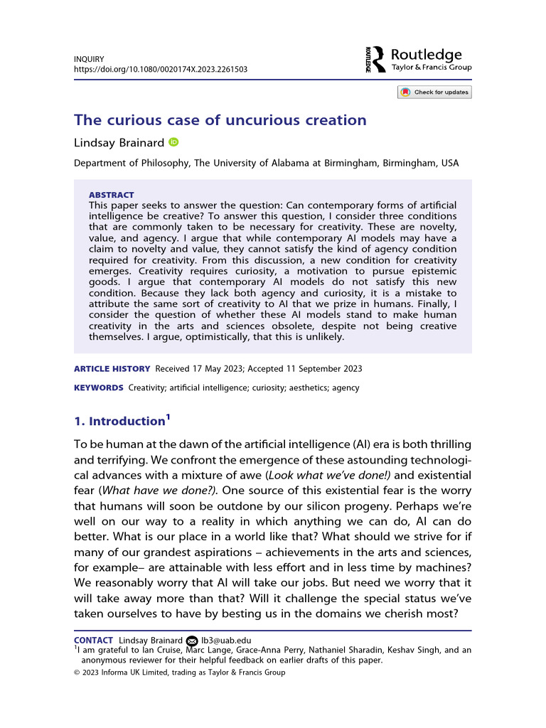 Brainard - The Curious Case of Uncurious Creation (Inquiry 2023) | PDF ...