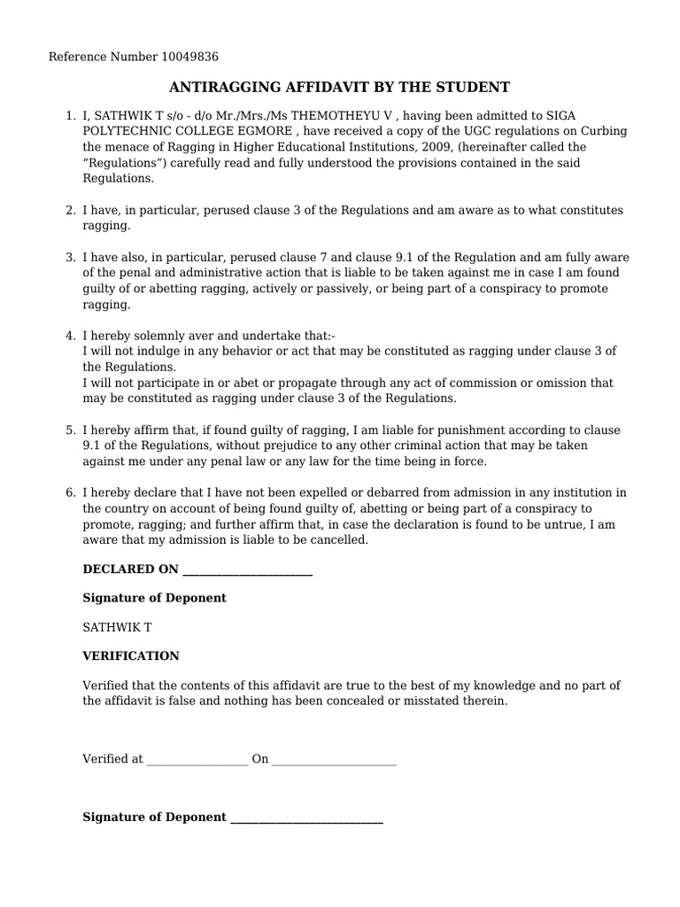 Anti Ragging Affidavit Form | PDF | Affidavit