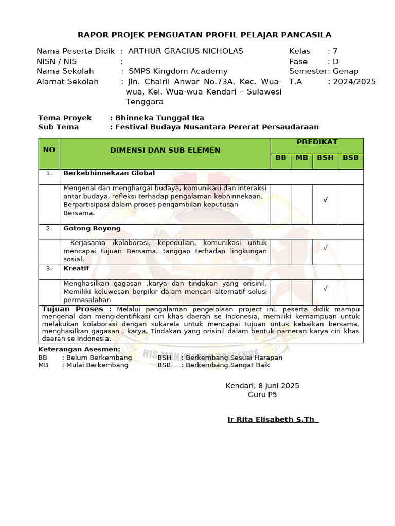 Nilai Rapor P5 Kelas 7 Semester 2 Rev | PDF
