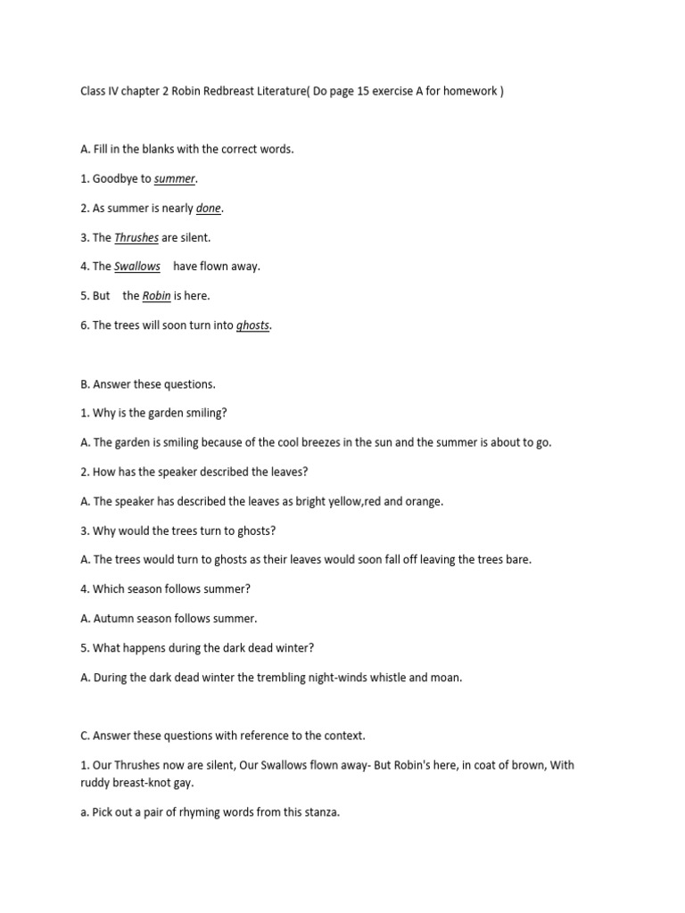 Class IV Robin Redbreast Literature | PDF