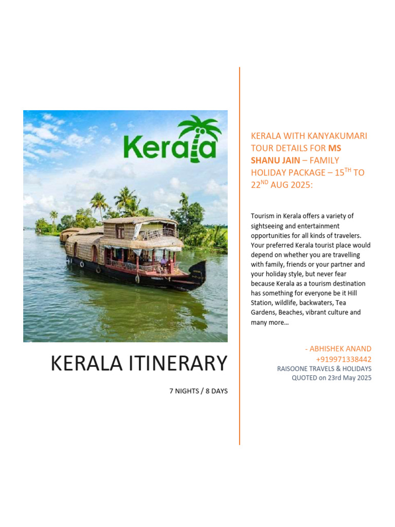 Final Kerala Tour Quote For Ms Shanu Jain (4 Adults) - 7n-8d | PDF | Kerala