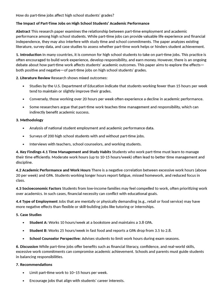 The Impact of Part-Time Jobs On High School Students' | PDF | Learning