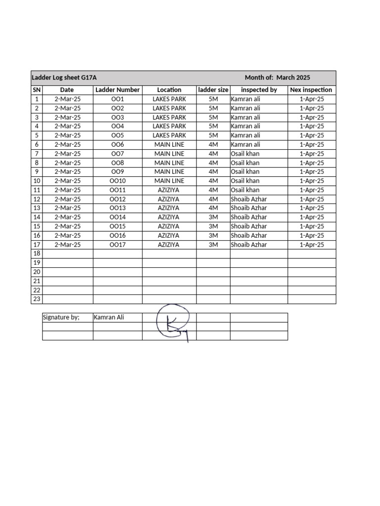 Ladder Log Sheet Mar 2025 | PDF