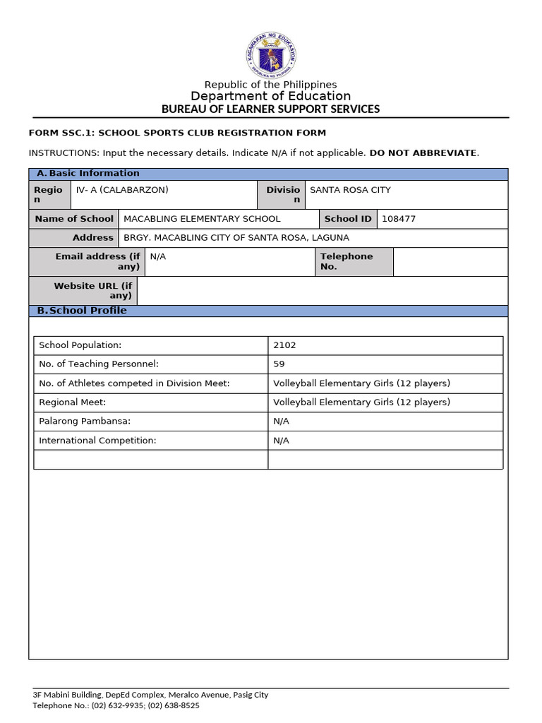 FORM SSC.1 School Sports Club Registration Form v1 | PDF | Chess ...