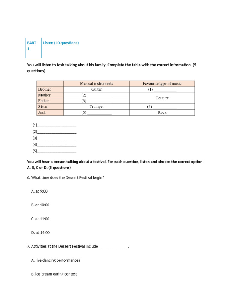 Family and Festival Listening Quiz | PDF