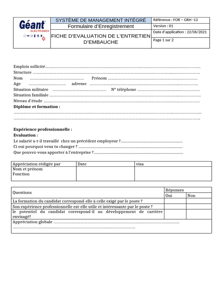 Fiche d'évaluation entretien d'embauche | PDF | Business