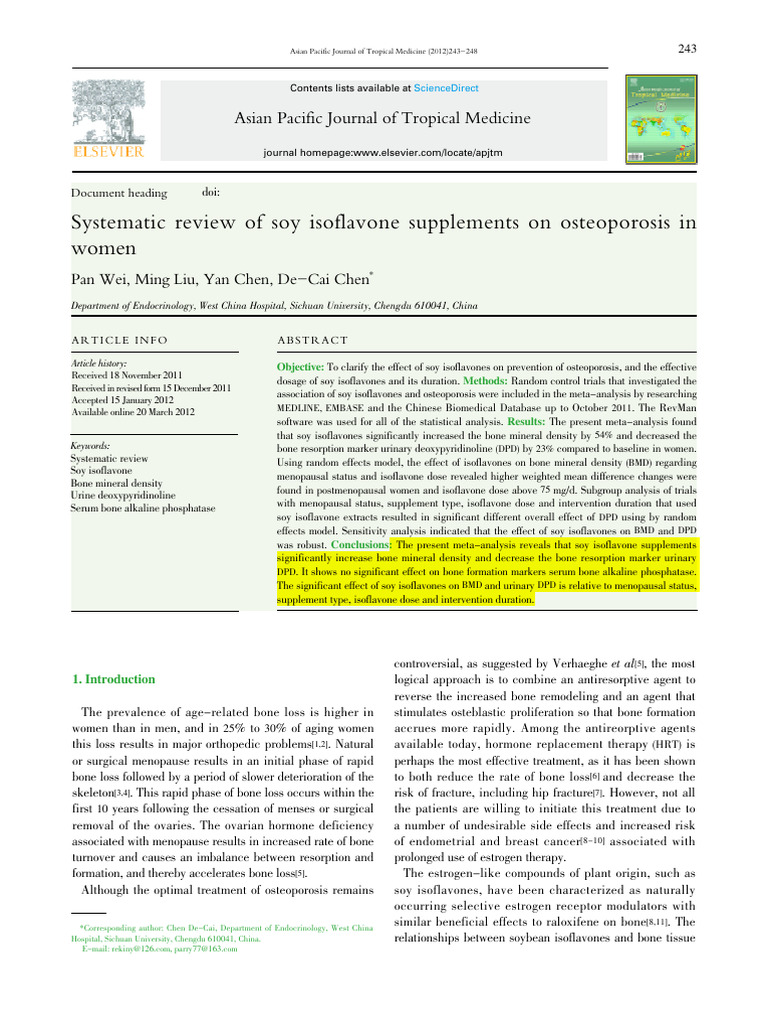 2012 Systematic Review of Soy Isoflavone Supplements On Osteoporosis in | PDF | Osteoporosis ...