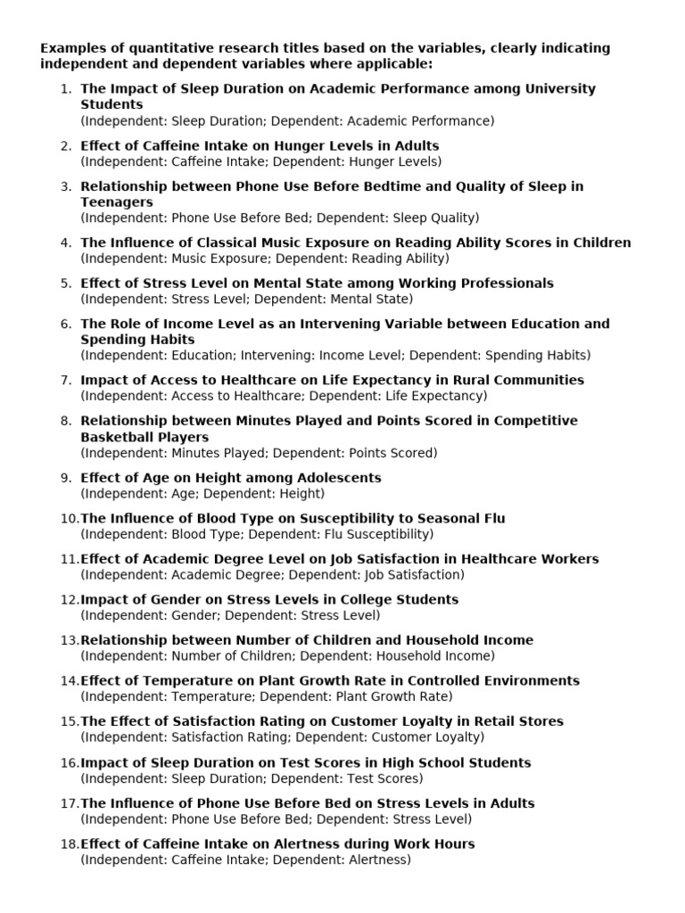 Examples of Quantitative Research Titles Based On The Variables | PDF ...
