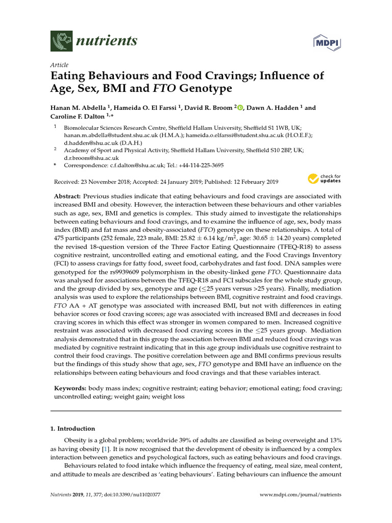 Eating Behaviours and Food Cravings Influence of Age, Sex, BMI and FTO Genotype | PDF | Obesity ...