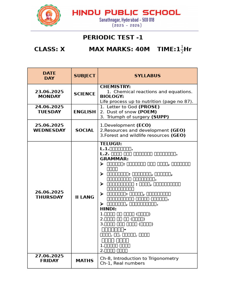 10 PT-1 Syllabus and Time Table-1 | PDF