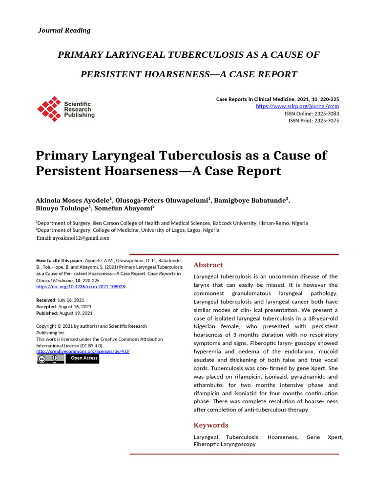 Journal Reading Tuberkulosis Laring | PDF | Tuberculosis | Larynx