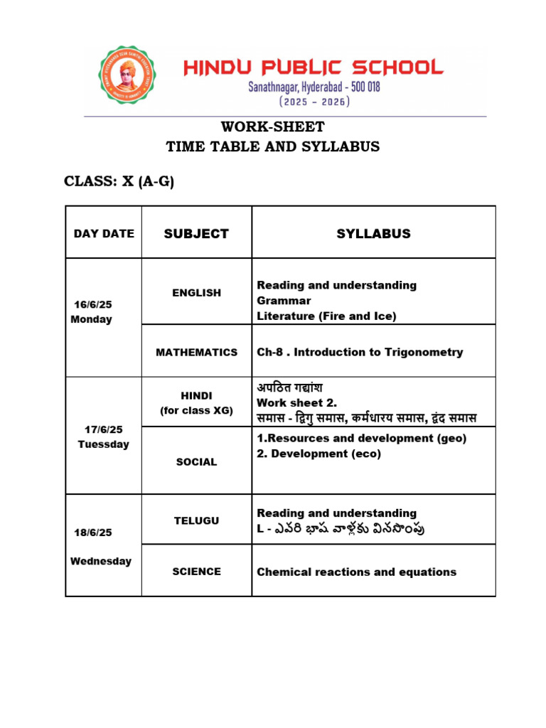 Class-X Pt-1 Worksheet Time Table-1 | PDF
