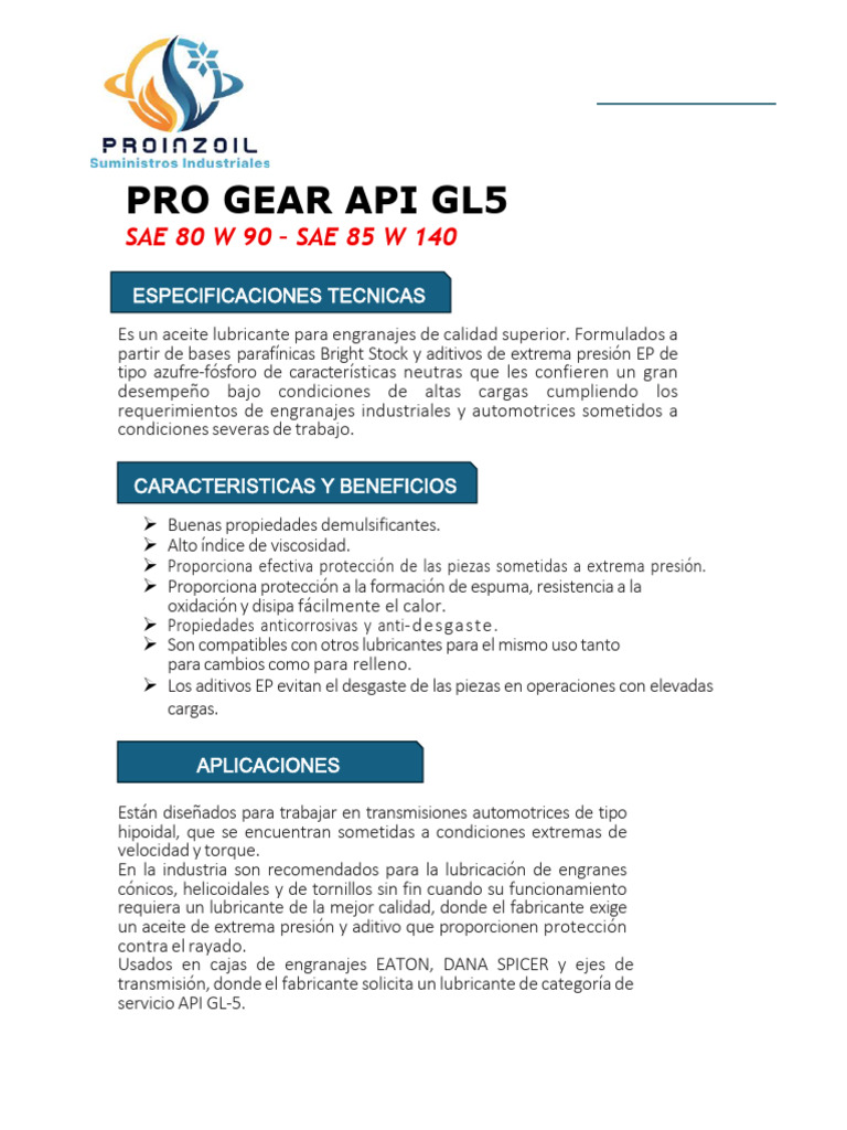 Pro Gear API GL5 | PDF | Lubricante | Engranaje